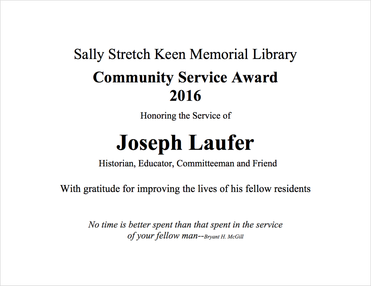 Community Service Award: Joe Laufer | Sally Stretch Keen Memorial Library